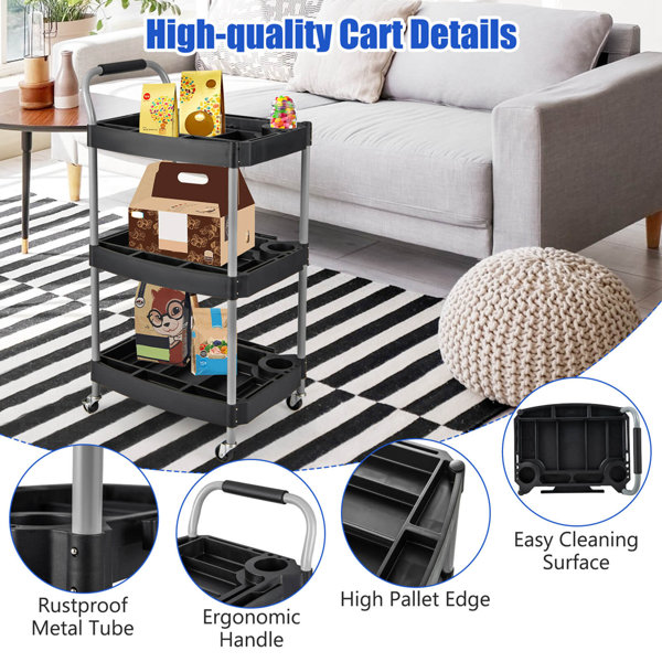 Rebrilliant 3 Tier Rolling Tool Cart With Handle Tool Storage Slot Universal Wheels For Garage ...